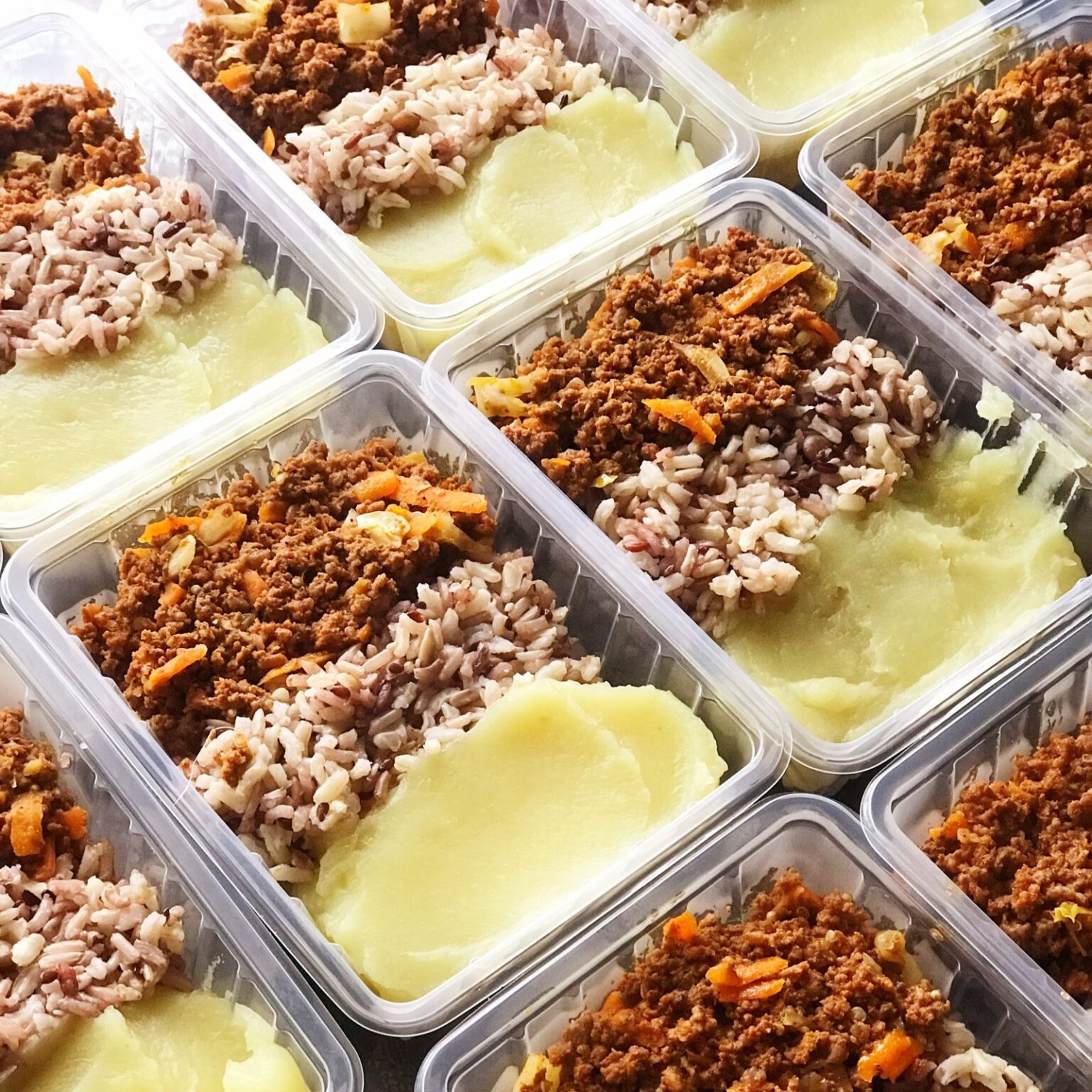 Carne moída com cenoura, purê de batata doce e arroz sete grãos (prato ...